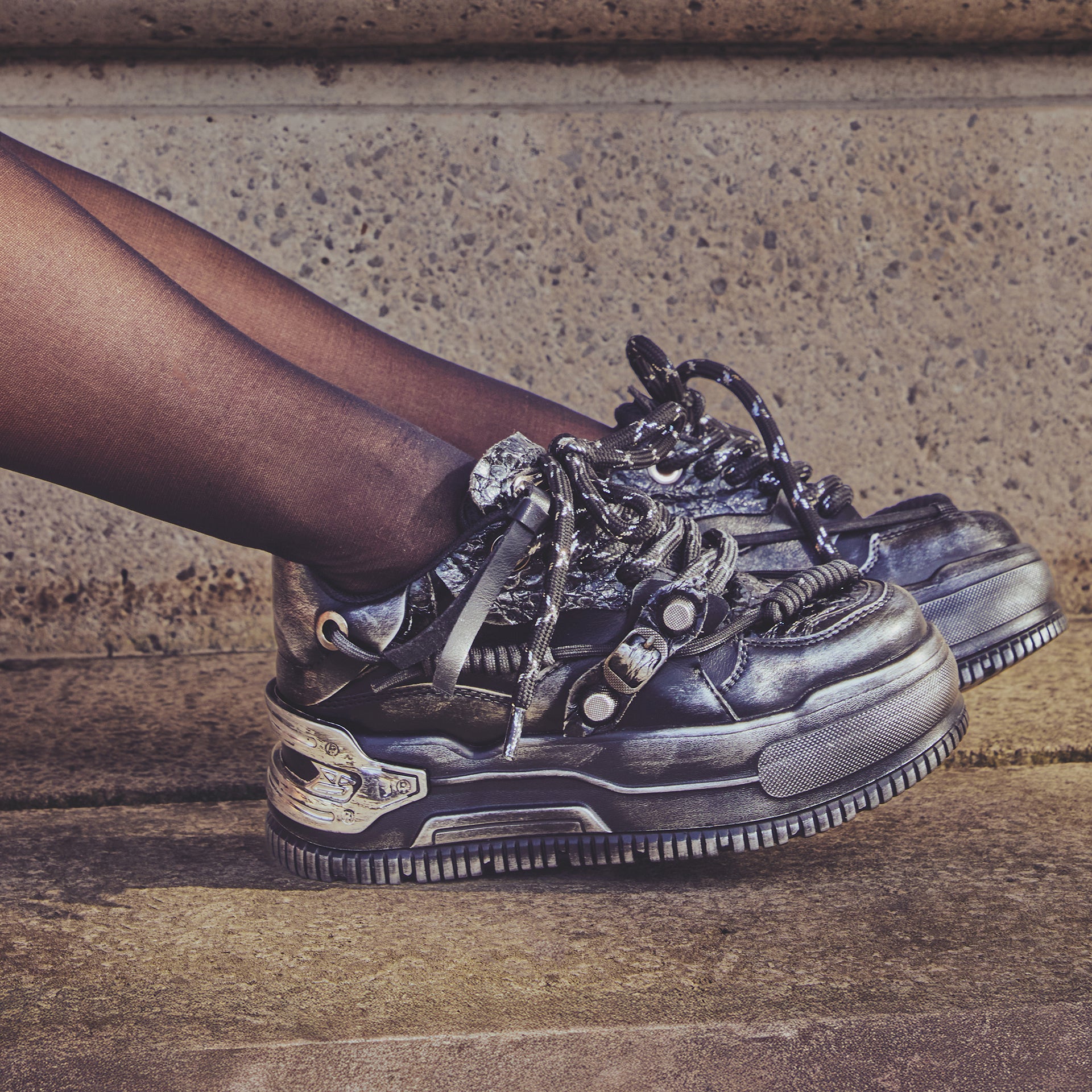 Metamorphosis Distressed Platform Trainers - Charcoal – KOI footwear