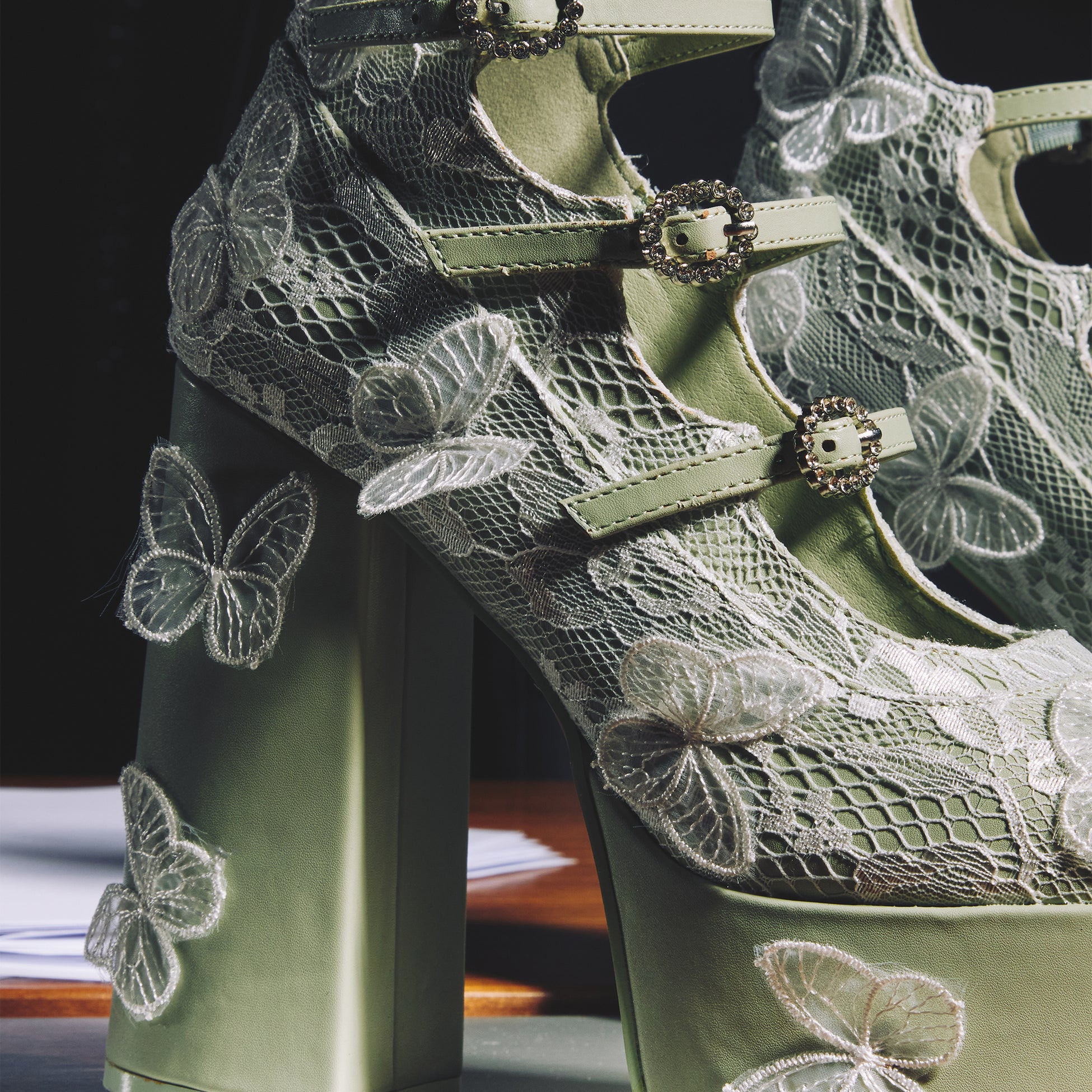 Wild Lotus Butterfly Lace Platform Heels - Green – KOI footwear